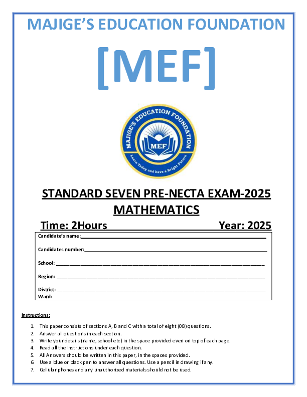 STANDARD SEVEN PRE-NECTA EXAM 2025 – MEF | Elimu Connect Online